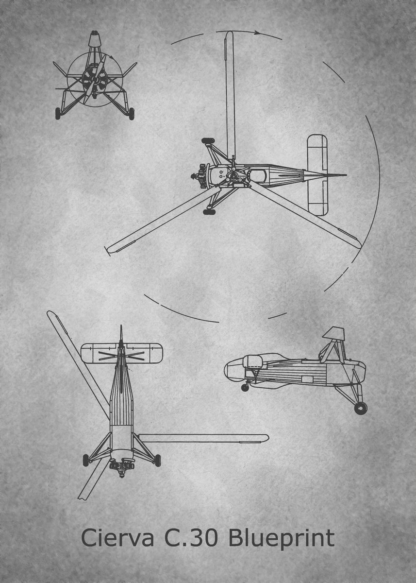 'Cierva C30 Blueprint gray' Poster, picture, metal print, paint by B ...