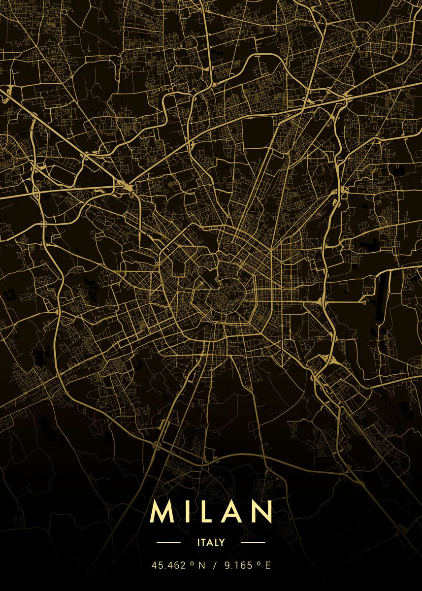 'Milan City Map Gold' Poster, picture, metal print, paint by MVDZ ...