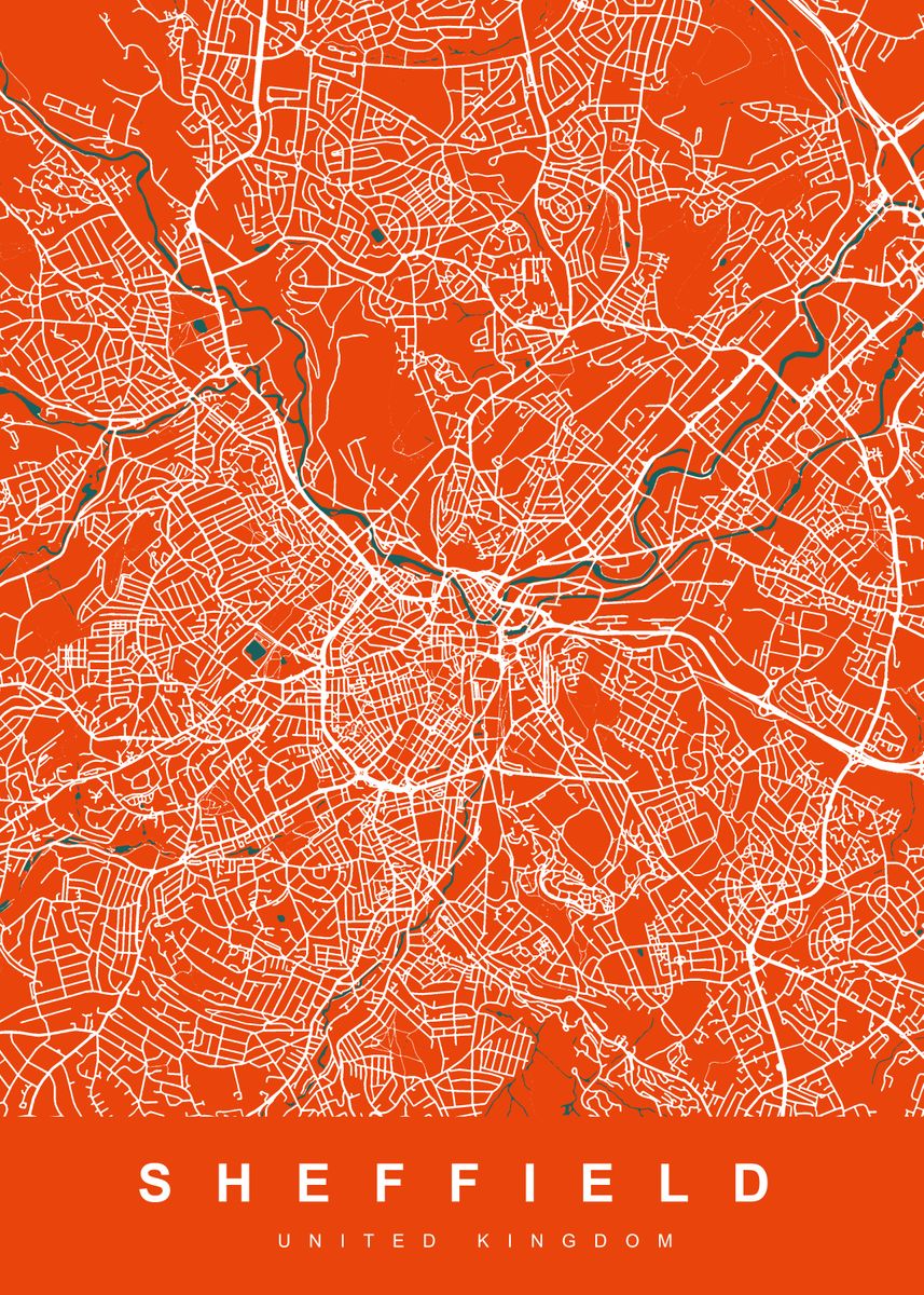 'SHEFFIELD map UK Tomato' Poster, picture, metal print, paint by ...