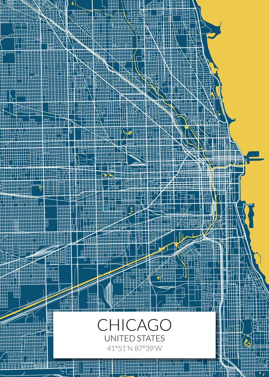 'Chicago Map Blue Yellow' Poster, picture, metal print, paint by ...