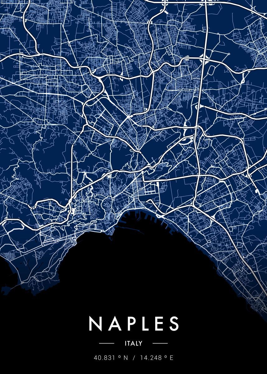 'Naples City Map Blueprint' Poster, picture, metal print, paint by MVDZ ...