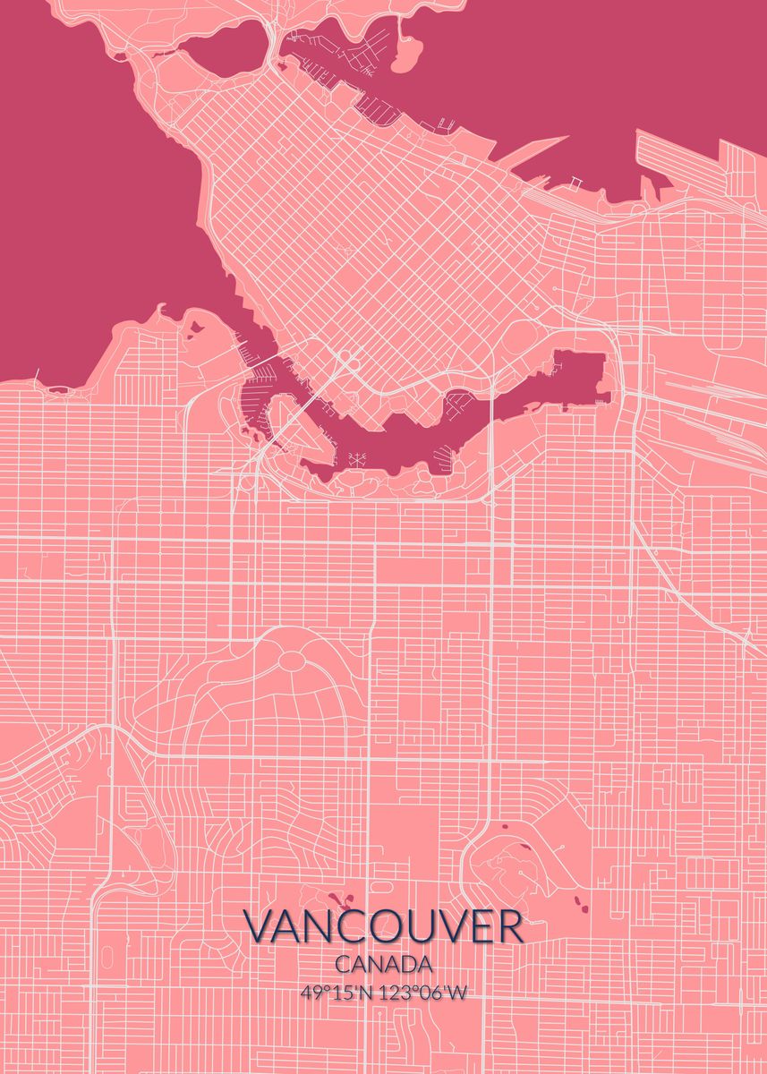 'Vancouver Pink Rose Map' Poster, picture, metal print, paint by ...