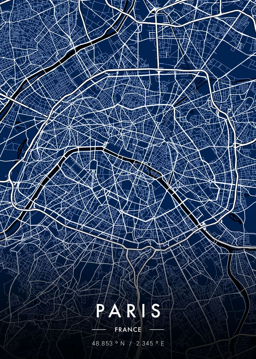 'Paris City Map Blueprint' Poster, picture, metal print, paint by MVDZ ...