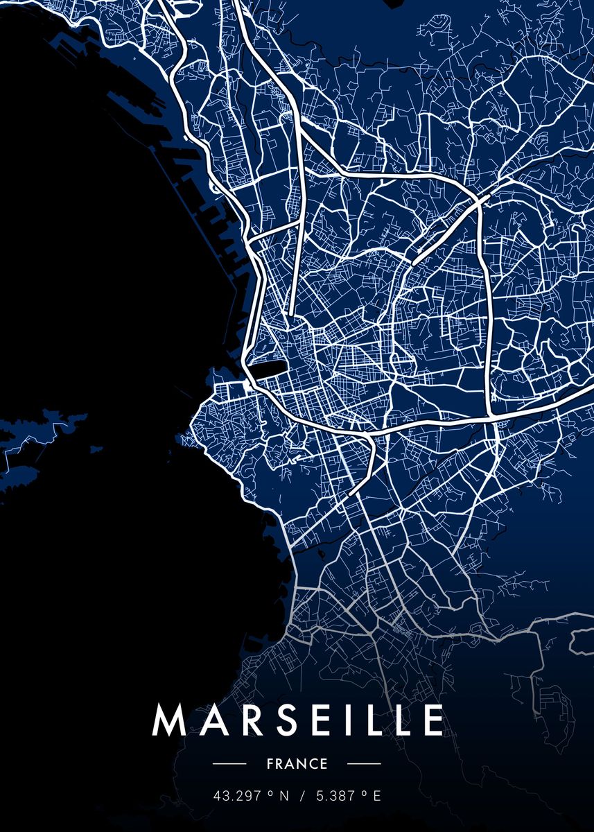 'Marseille City Map Blue' Poster, picture, metal print, paint by MVDZ ...