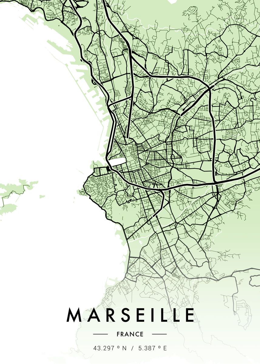'Marseille City Map Green' Poster, picture, metal print, paint by MVDZ ...