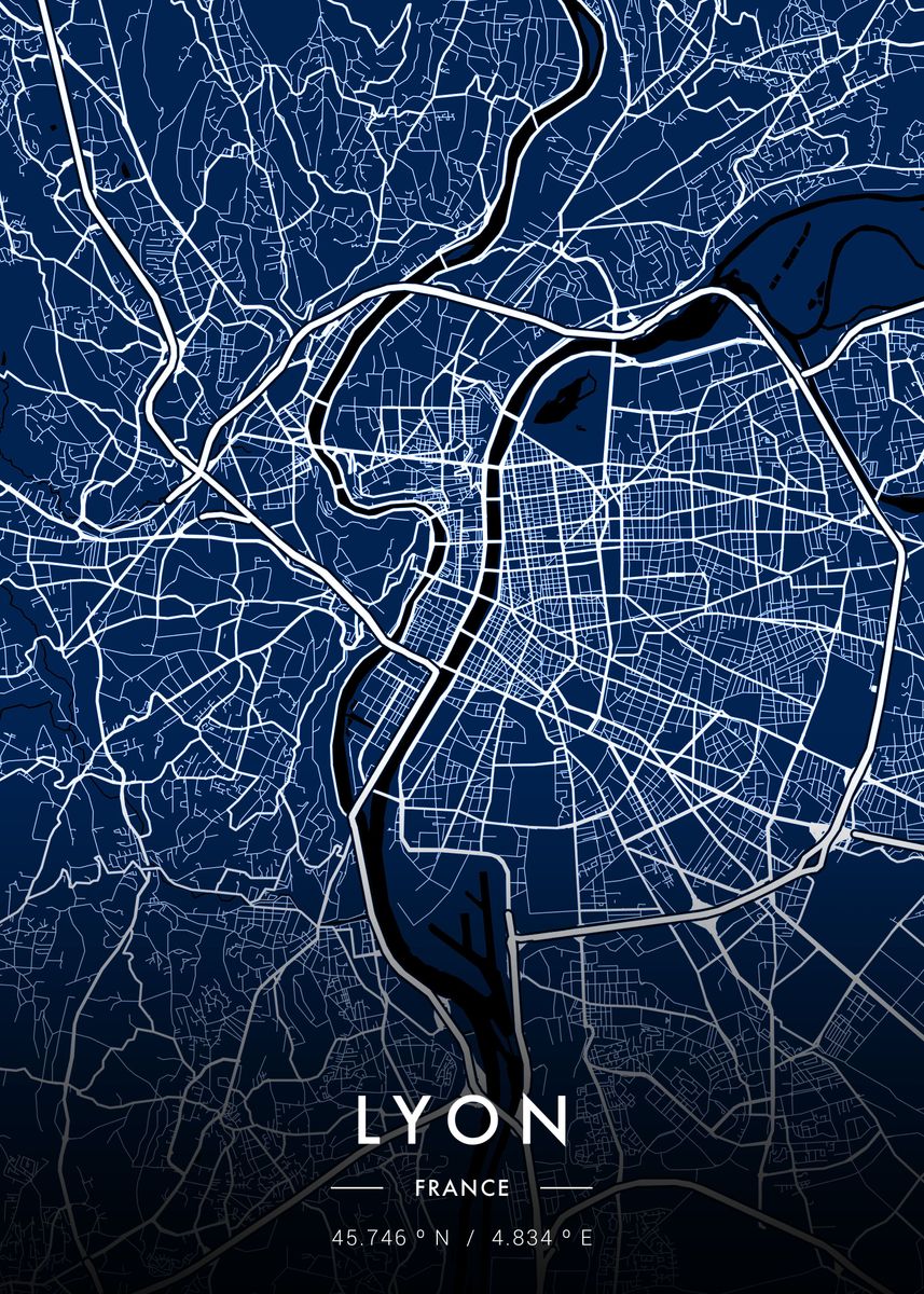'Lyon City Map Blueprint' Poster, picture, metal print, paint by MVDZ ...