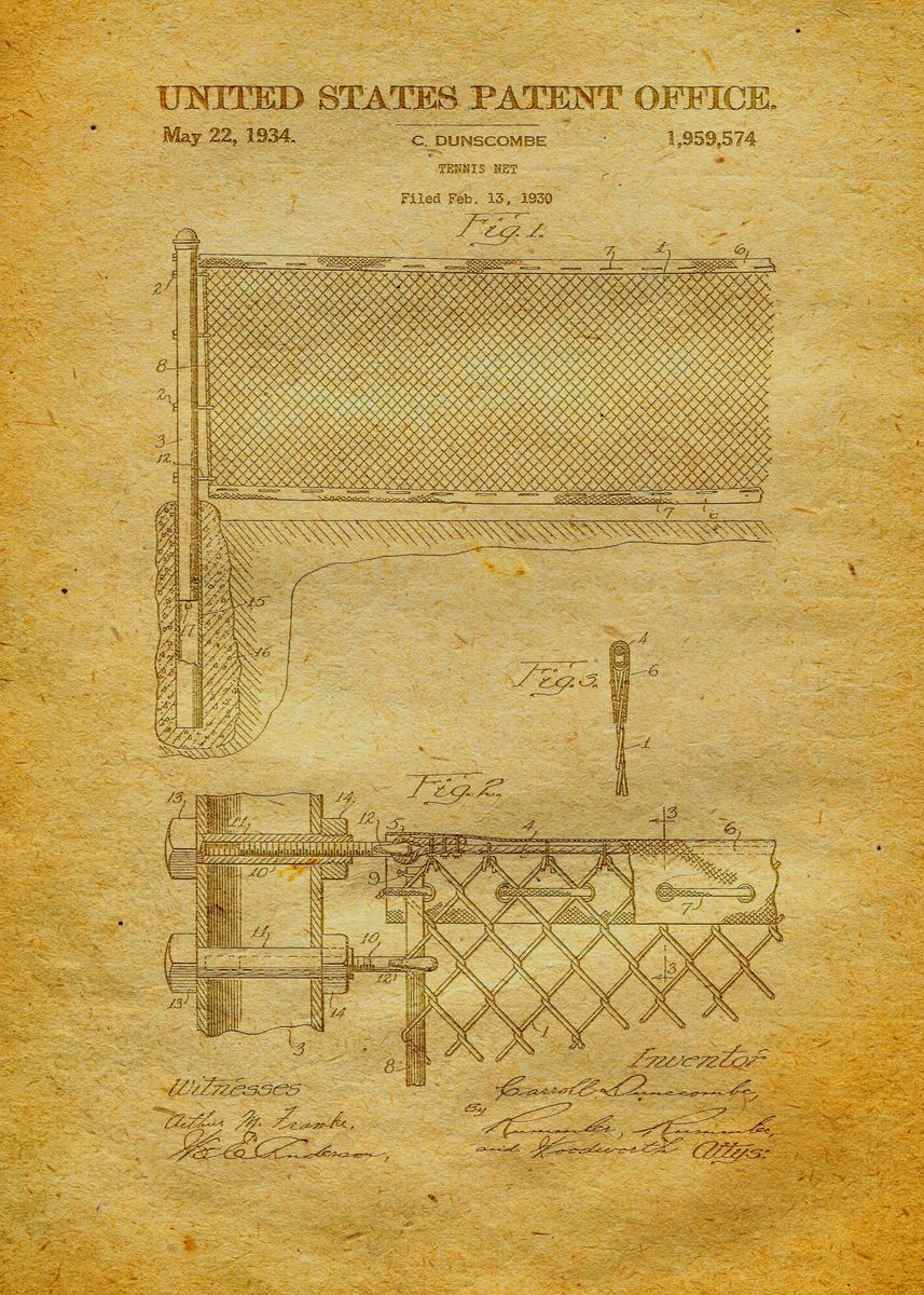 '82 Tennis Net Patent 1934' Poster, picture, metal print, paint by ...