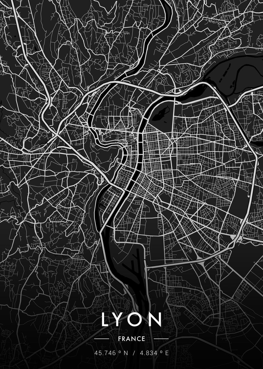 'Lyon City Map Dark' Poster, picture, metal print, paint by MVDZ ...
