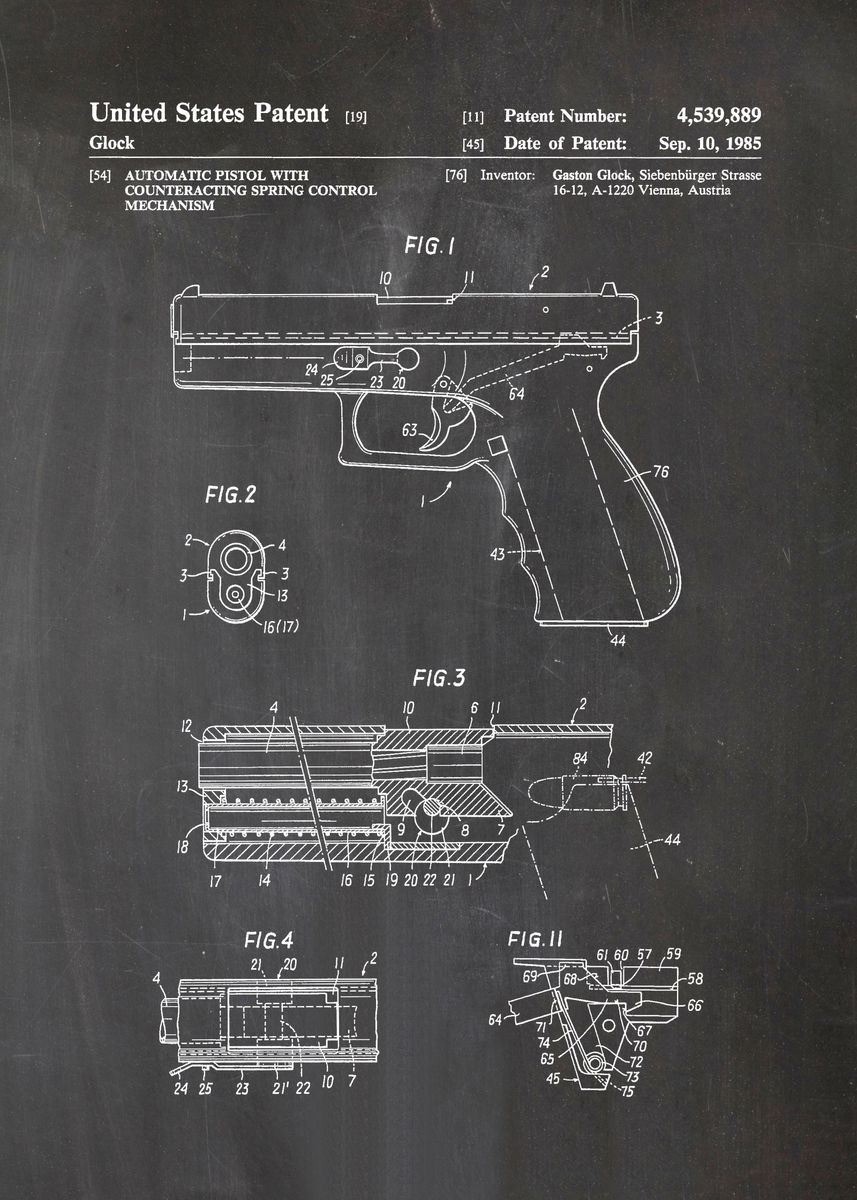 '9 Glock Pistol Patent 198' Poster, picture, metal print, paint by Jana ...