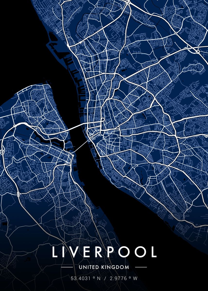 'Liverpool City Map Blue' Poster, picture, metal print, paint by MVDZ ...