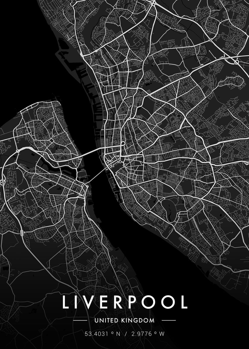 'Liverpool City Map Dark' Poster, picture, metal print, paint by MVDZ ...
