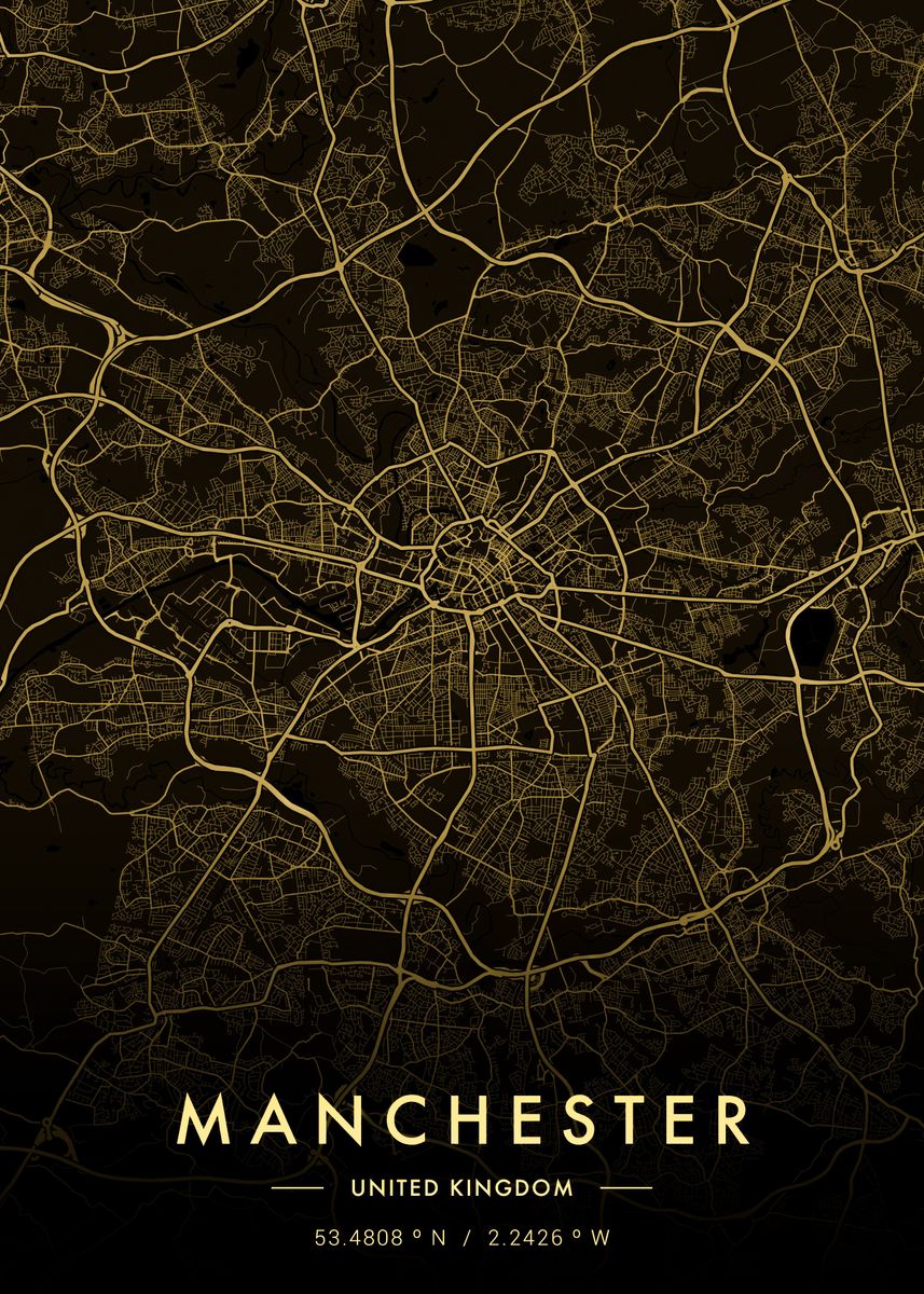 'Manchester City Map Gold' Poster, picture, metal print, paint by MVDZ ...
