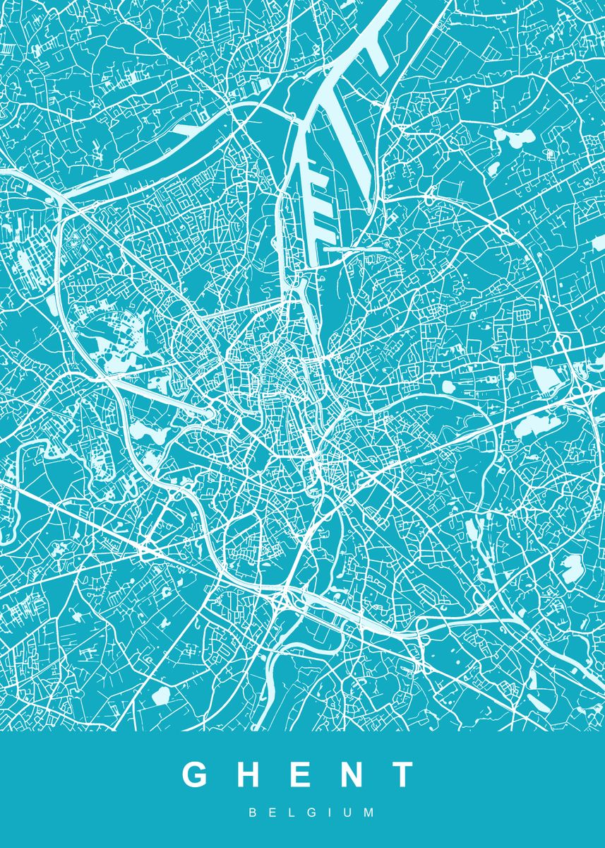 'GHENT map Belgium Aqua' Poster, picture, metal print, paint by UrbanMaps | Displate
