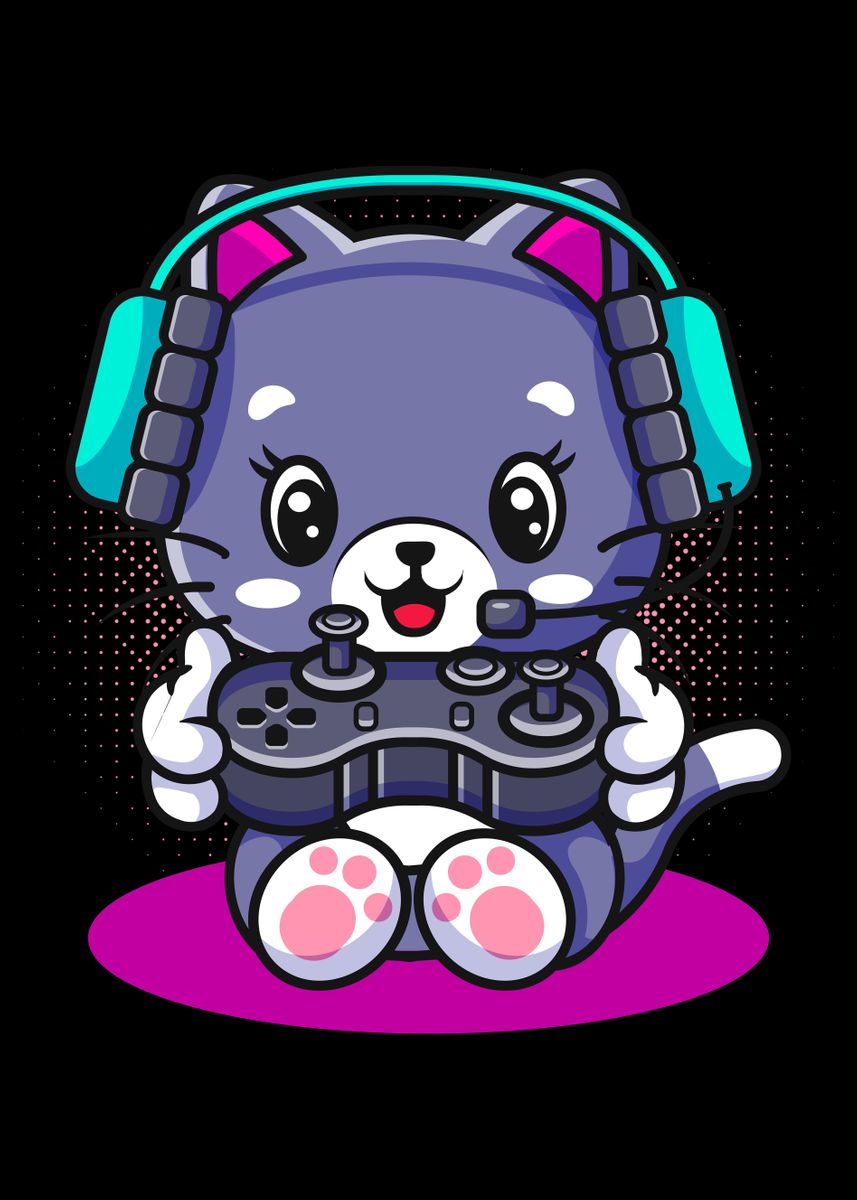 'Cute Kawaii Gaming Cat' Poster, picture, metal print, paint by Foxxy ...