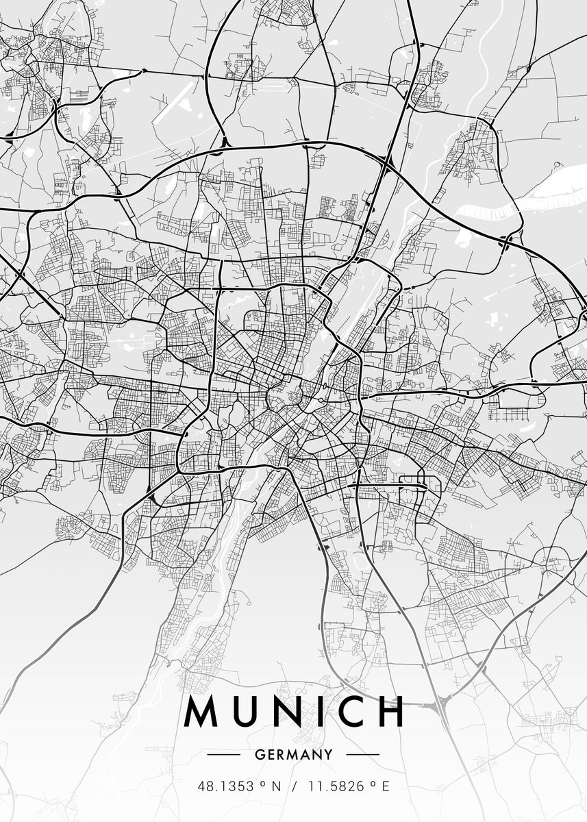 'Munich City Map White' Poster, picture, metal print, paint by MVDZ ...