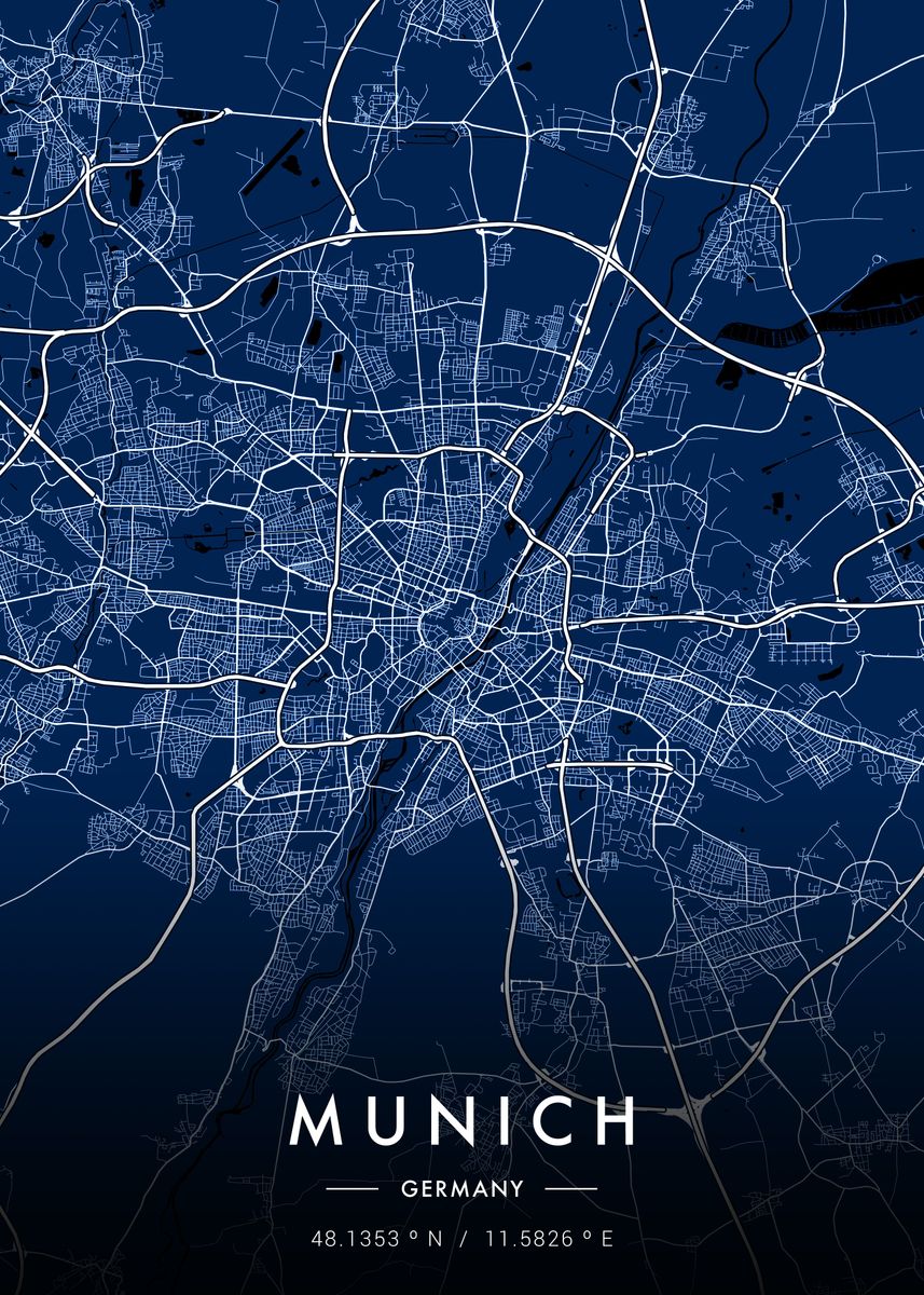 'Munich City Map Blueprint' Poster, picture, metal print, paint by MVDZ ...