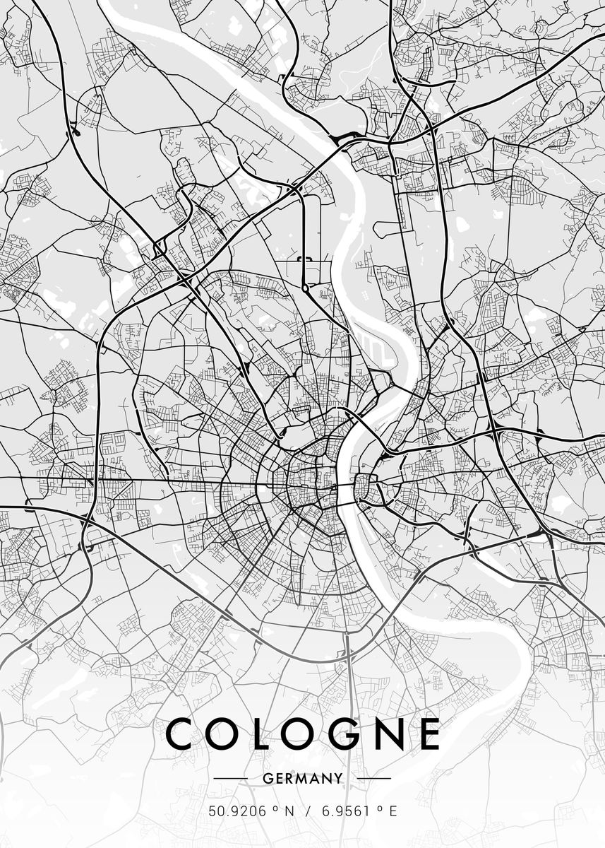'Cologne City Map White' Poster, picture, metal print, paint by MVDZ ...
