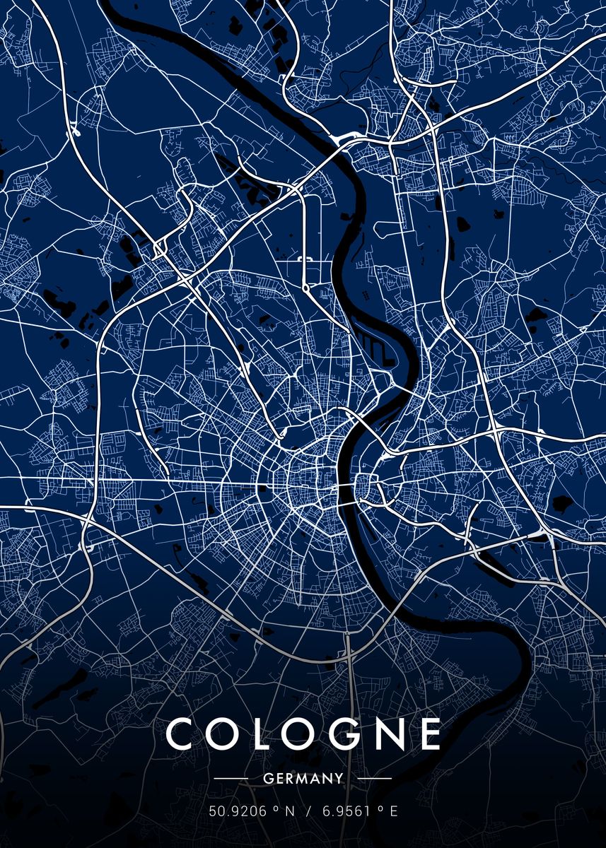 'Cologne City Map Blueprint' Poster, picture, metal print, paint by ...