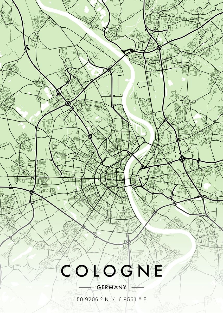 'Cologne City Map Green' Poster by MVDZ Graphic Design | Displate