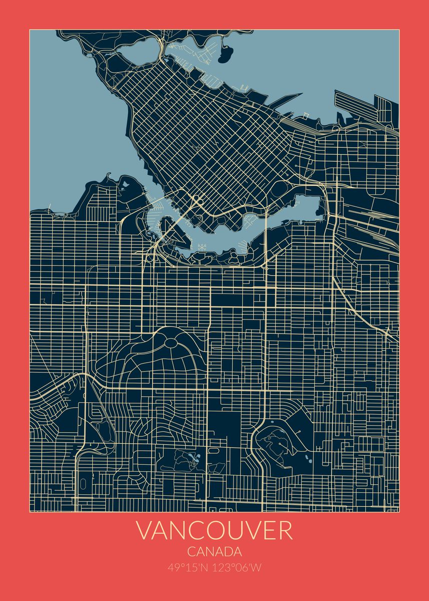 'Vancouver Map Red Blue' Poster, picture, metal print, paint by ...
