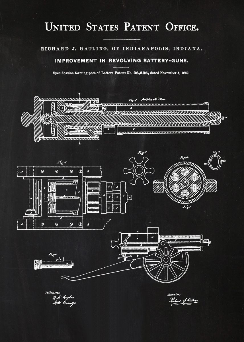 '18 Gatling Gun Patent 186' Poster, picture, metal print, paint by Jana ...