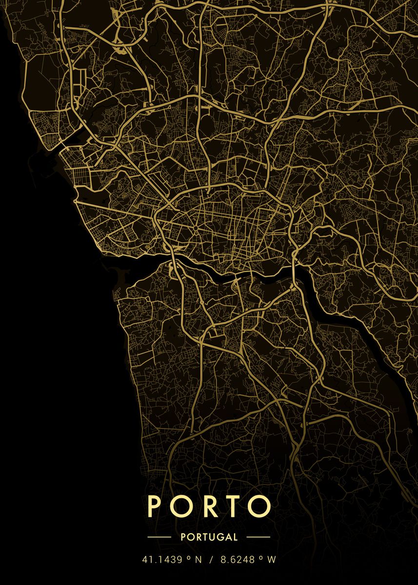 'Porto City Map Gold' Poster, picture, metal print, paint by MVDZ ...