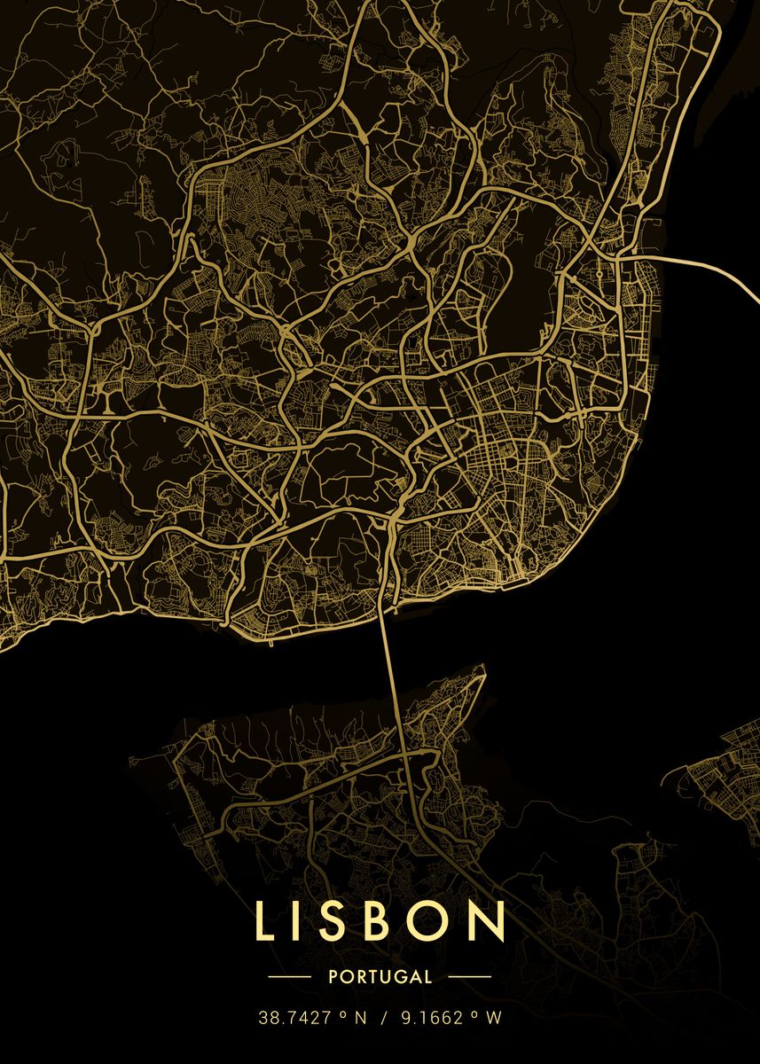 'Lisbon City Map Gold' Poster, picture, metal print, paint by MVDZ ...