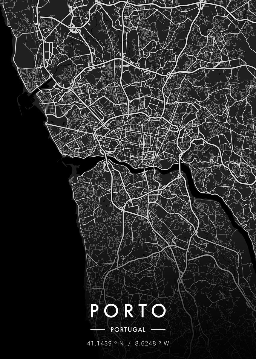 'Porto City Map Dark' Poster, picture, metal print, paint by MVDZ ...