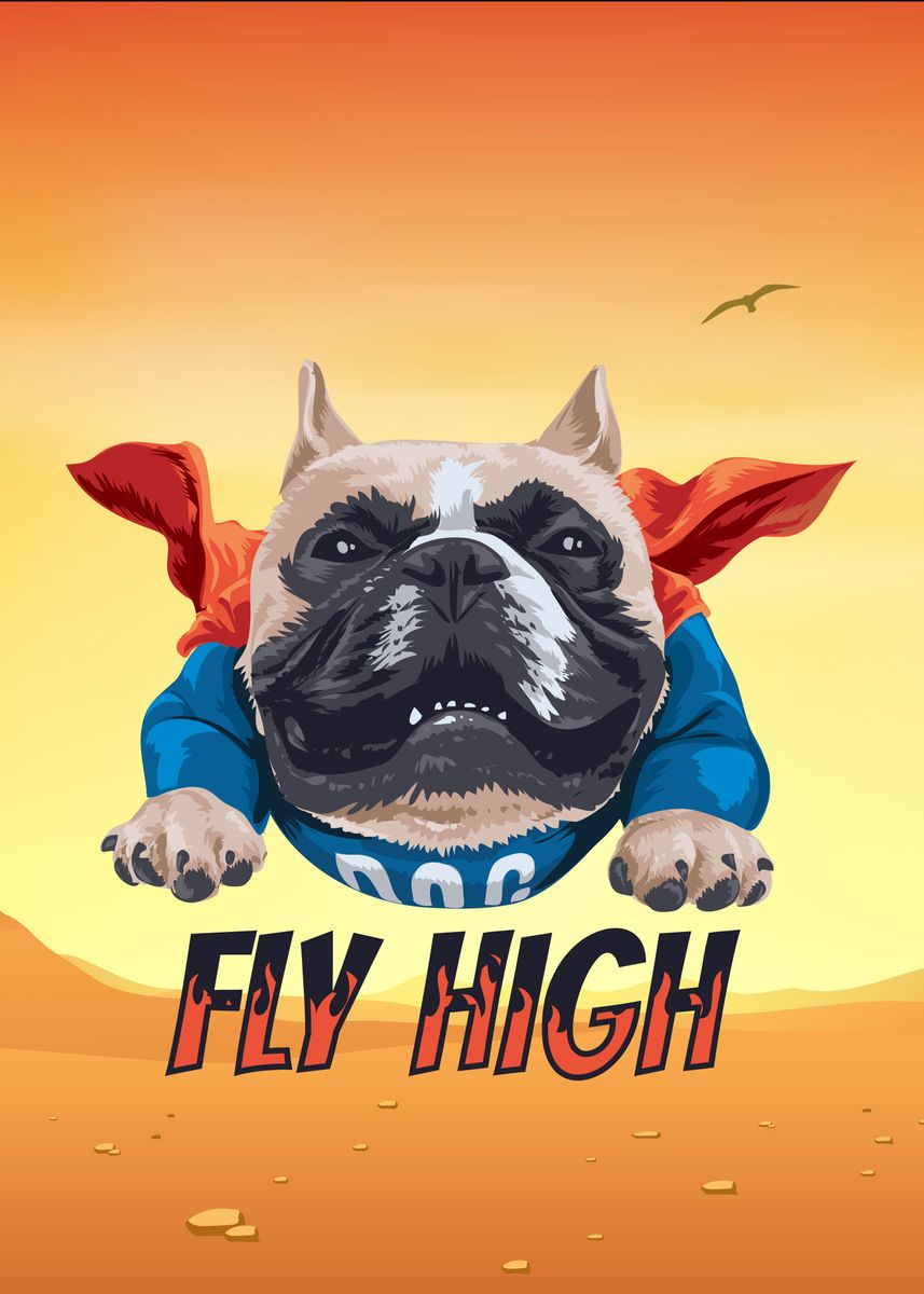 'funny Pug Fly High' Poster, picture, metal print, paint by Instart ...