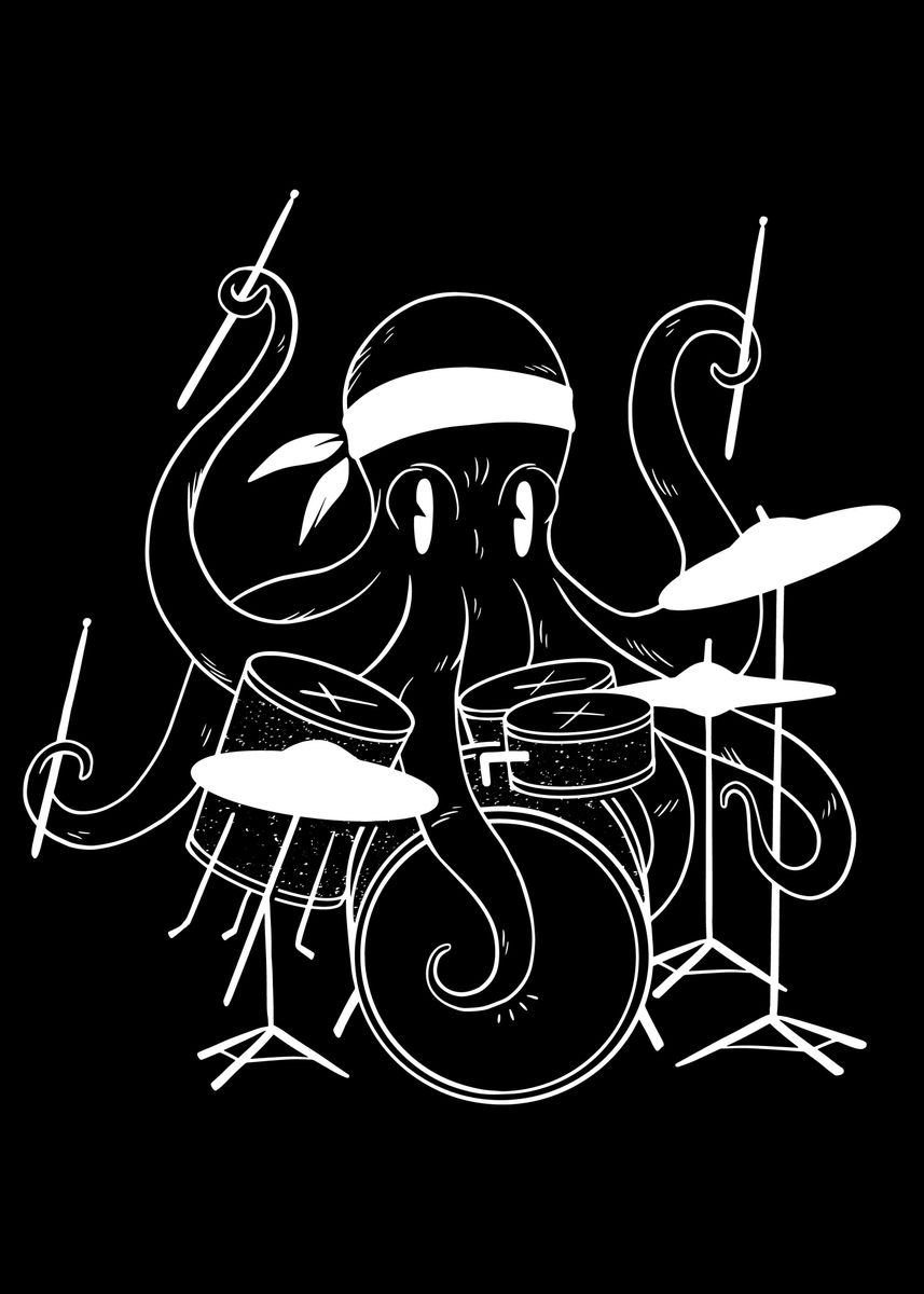 'Octopus with Drum Set Musi' Poster, picture, metal print, paint by ...