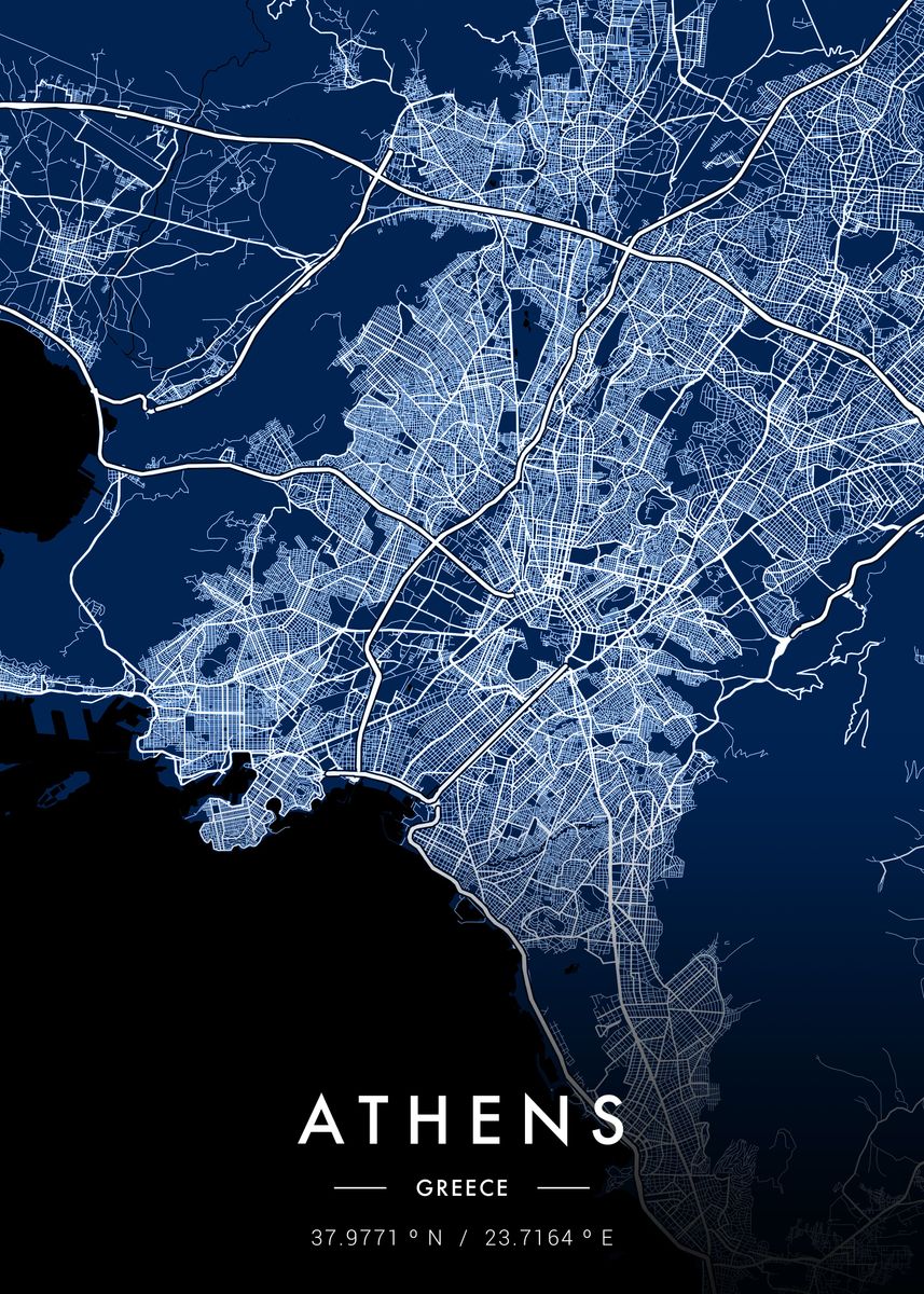 'Athens City Map Blueprint' Poster, picture, metal print, paint by MVDZ ...