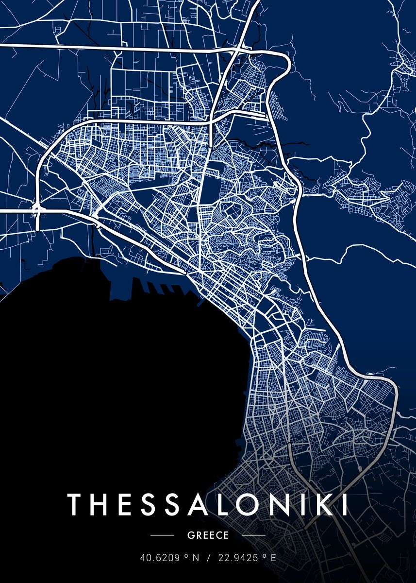 'Thessaloniki City Map Blue' Poster, picture, metal print, paint by ...