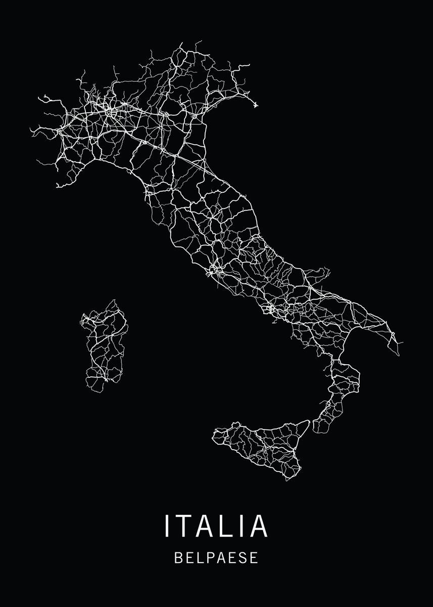 'Italy Road Map' Poster, picture, metal print, paint by Clark Street ...