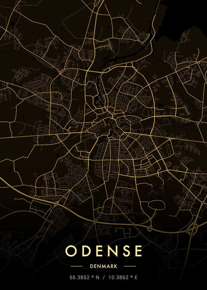 'Odense City Map Gold' Poster, picture, metal print, paint by MVDZ ...