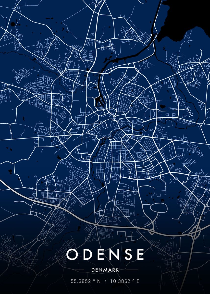 'Odense City Map Blueprint' Poster, picture, metal print, paint by MVDZ ...