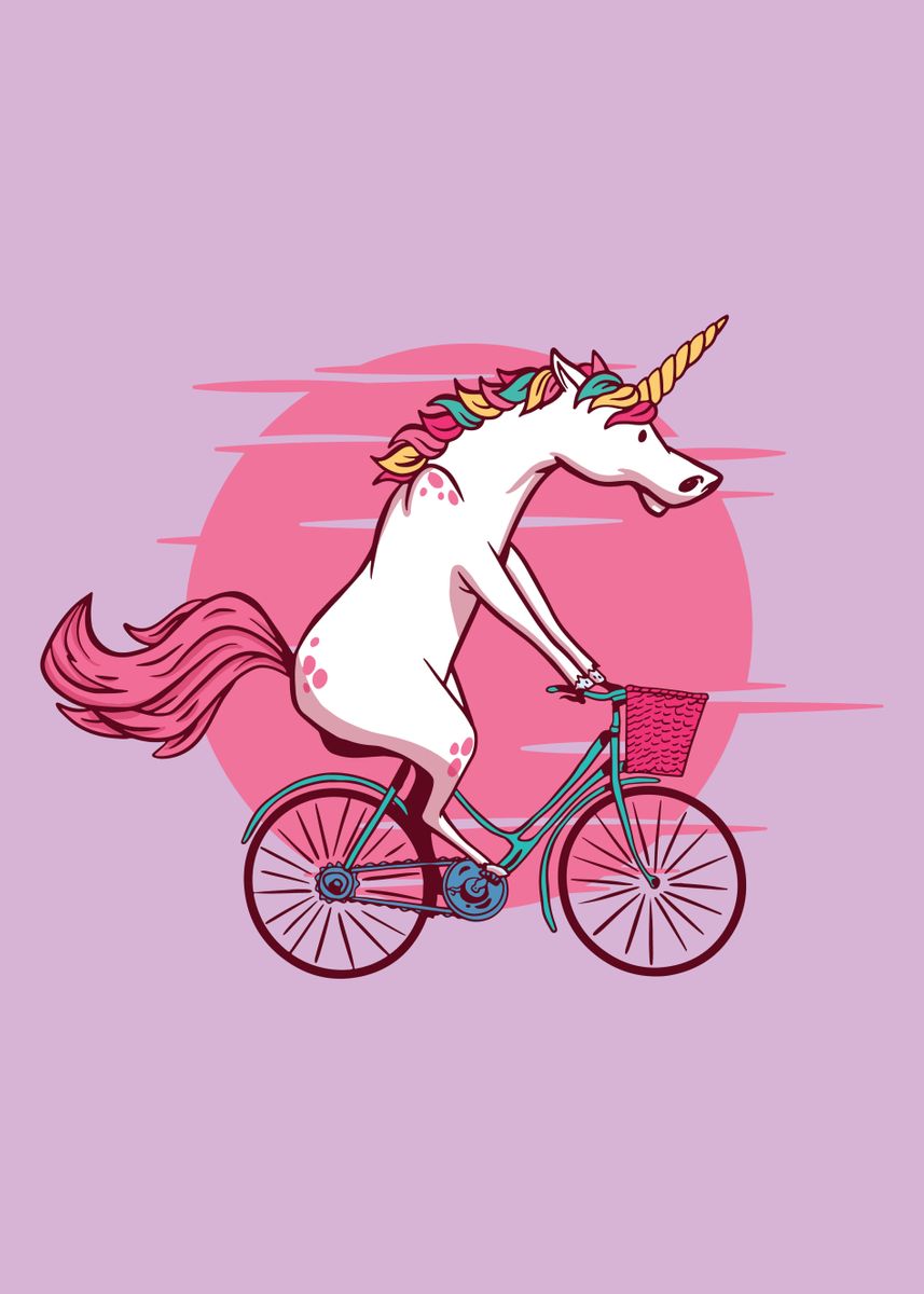'UNICORN RIDING BIKE' Poster, picture, metal print, paint by ...