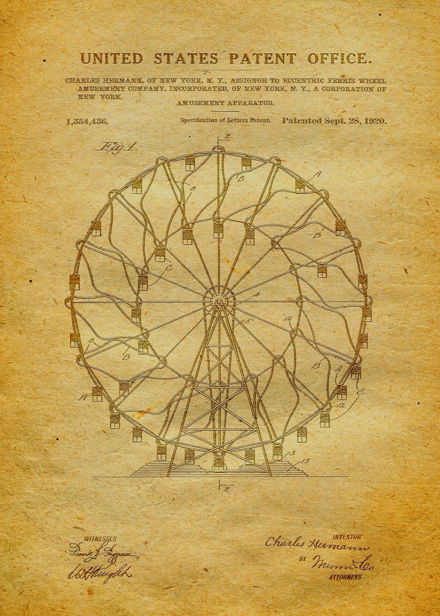 '101 Ferris Wheel Patent 1' Poster, picture, metal print, paint by ...