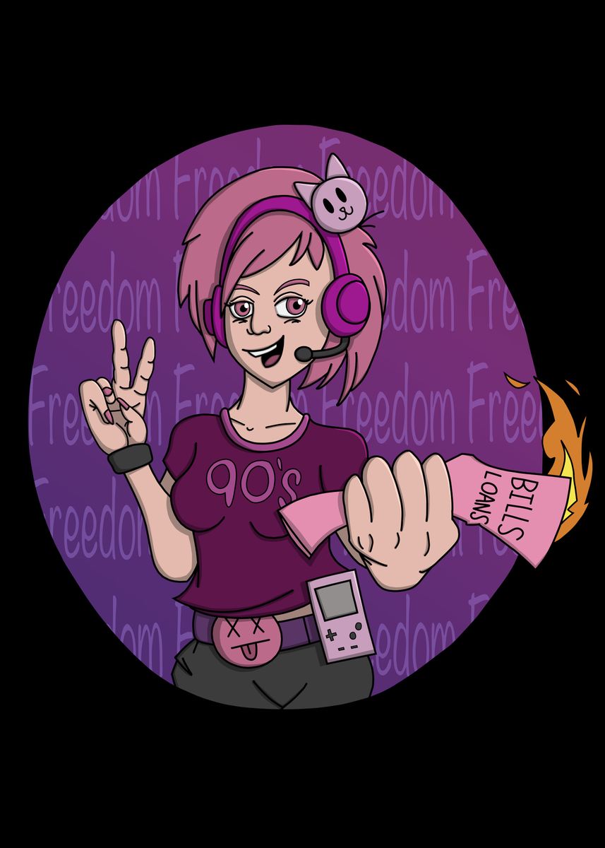 '90s Pink Haired Gamer Girl' Poster, picture, metal print, paint by ...