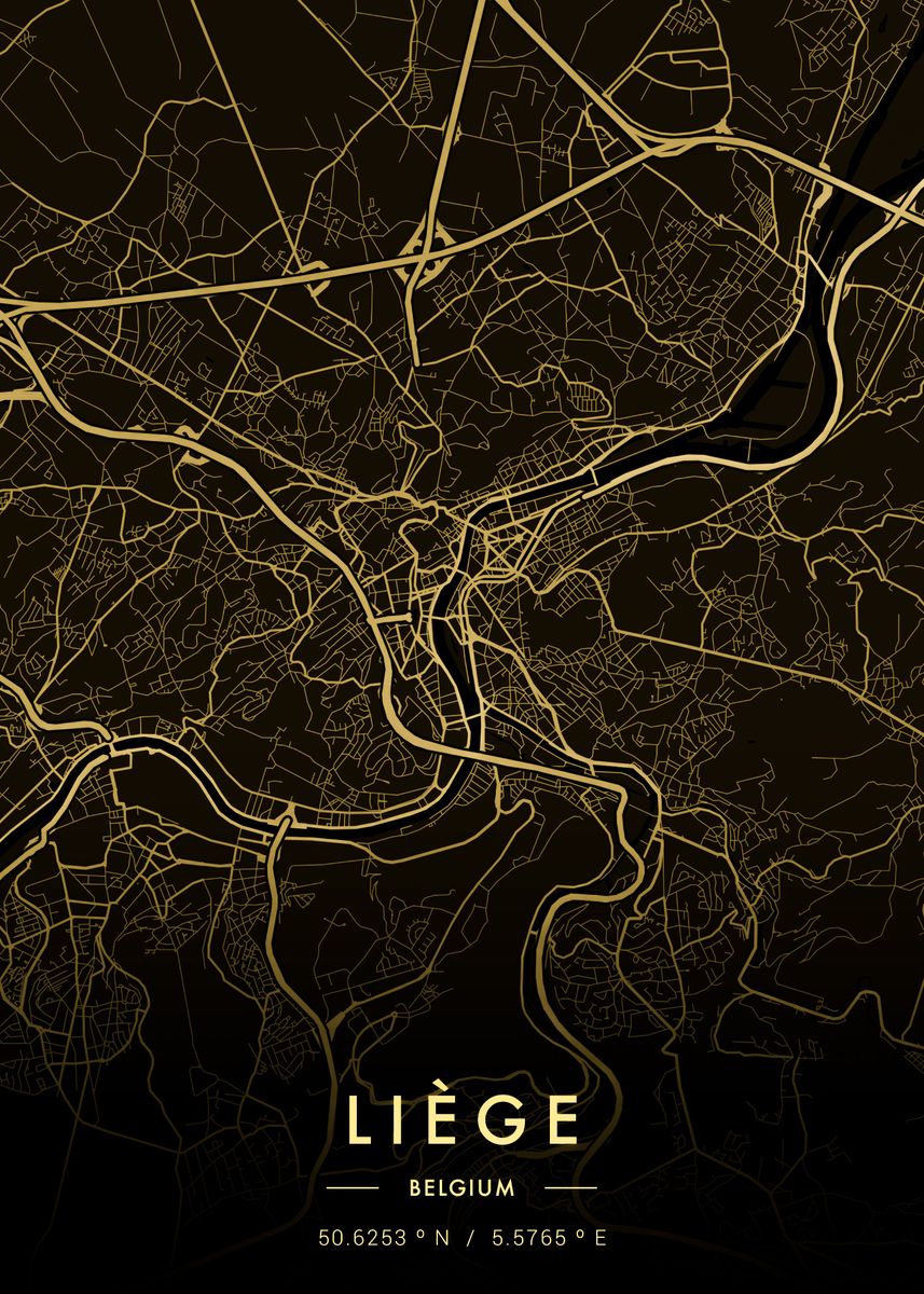 'Liege City Map Gold' Poster, picture, metal print, paint by MVDZ ...