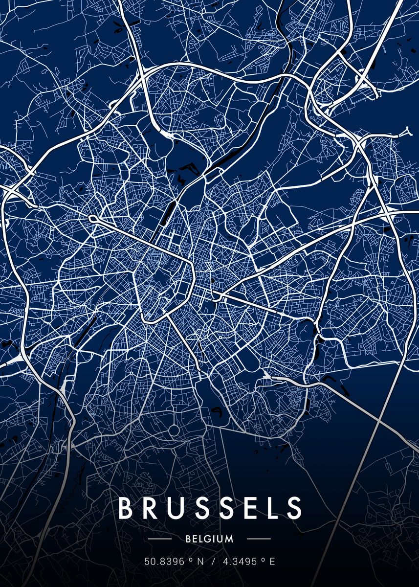 'Brussels City Map Blue' Poster, picture, metal print, paint by MVDZ ...