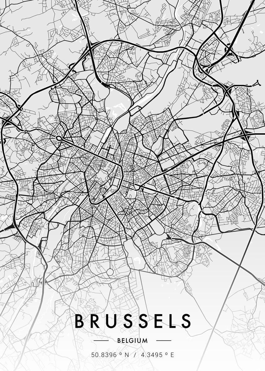 'Brussels City Map White' Poster, picture, metal print, paint by MVDZ ...