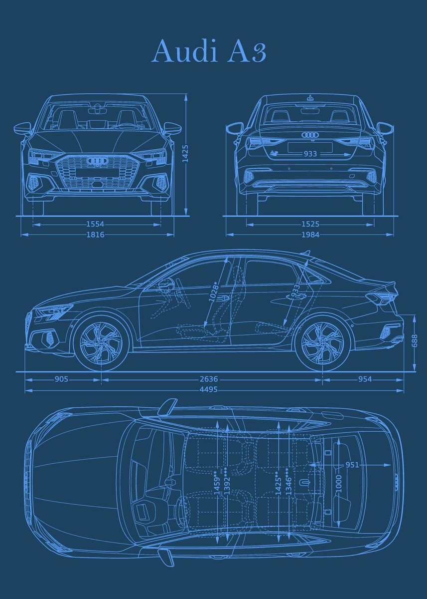 'Audi A3 2020 Blueprint' Poster, picture, metal print, paint by shiner ...
