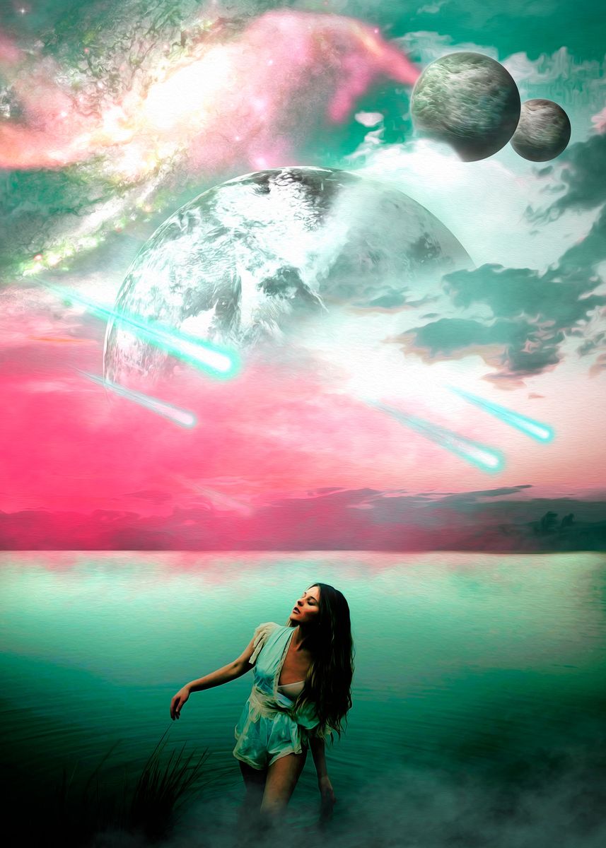 'Green Girl Space Lake' Poster, picture, metal print, paint by Alyx ...