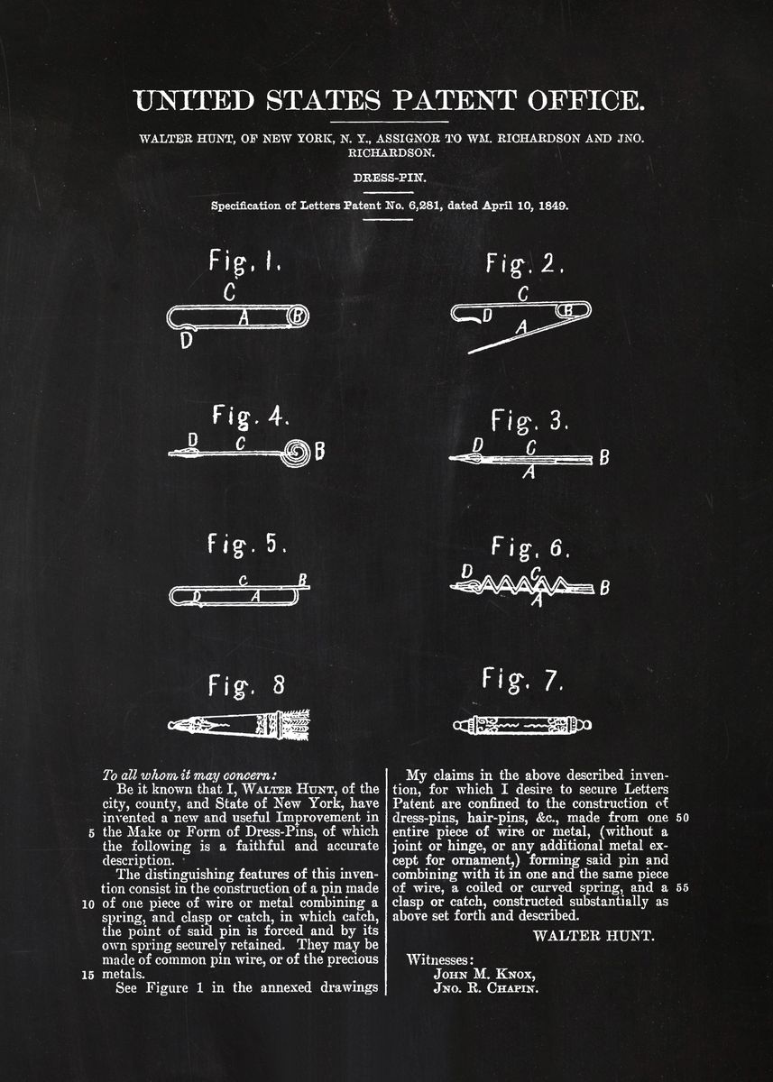 '68 Safety Pin Patent 1849' Poster, picture, metal print, paint by ...
