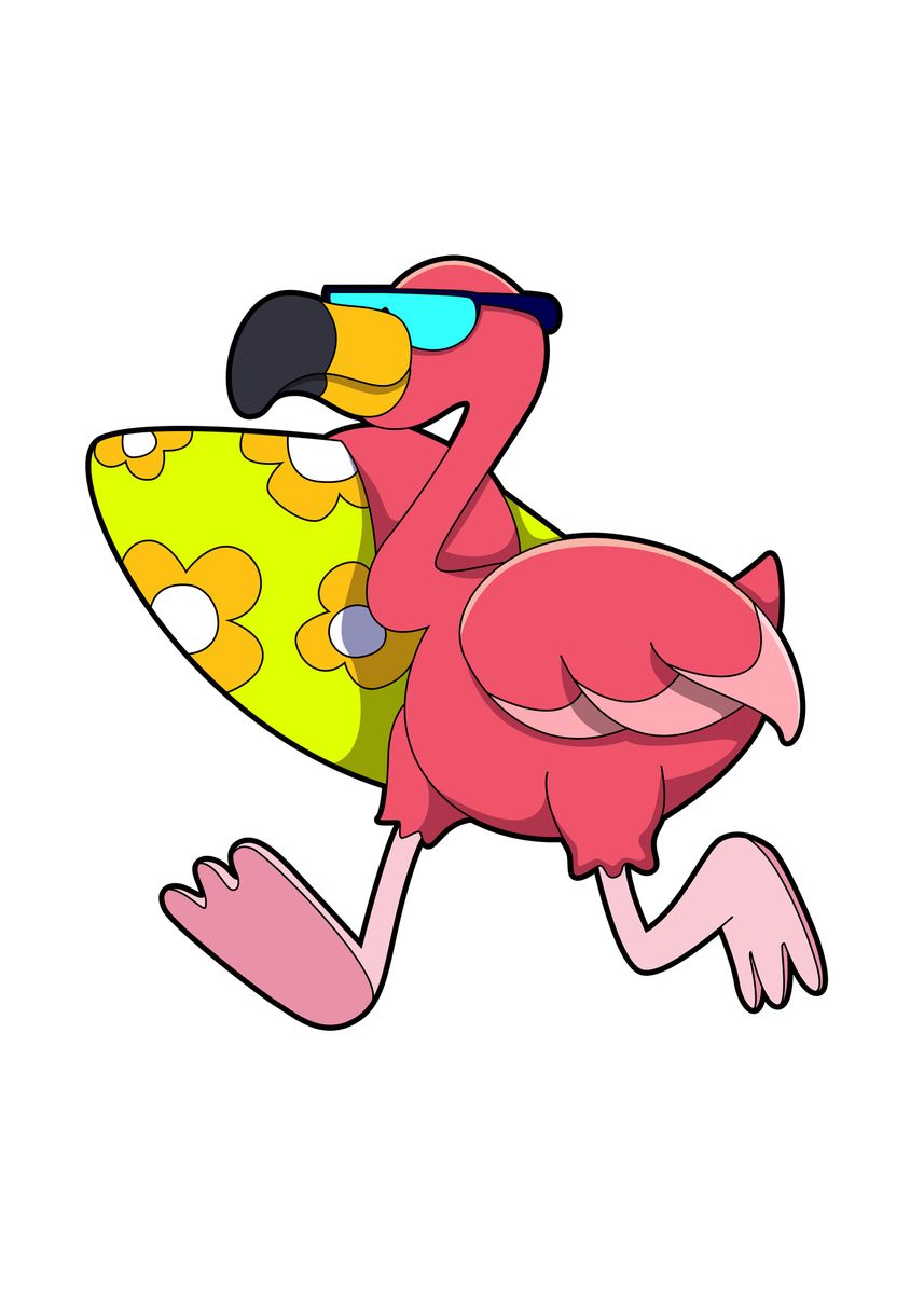 'Flamingo Surfing Surfboard' Poster, picture, metal print, paint by ...