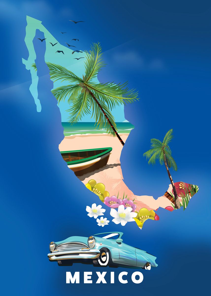 'Mexico Map Travel poster' Poster, picture, metal print, paint by David ...