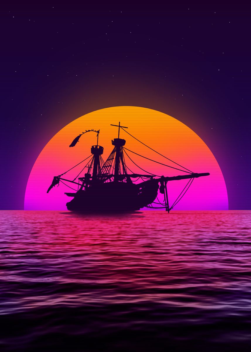 'synthwave ship retro 80s' Poster, picture, metal print, paint by ...