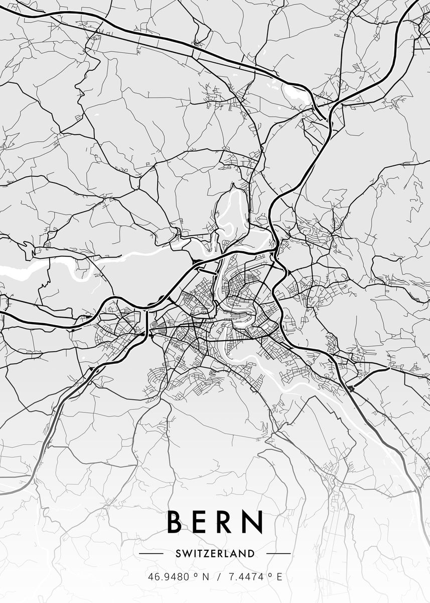'Bern City Map White' Poster, picture, metal print, paint by MVDZ ...
