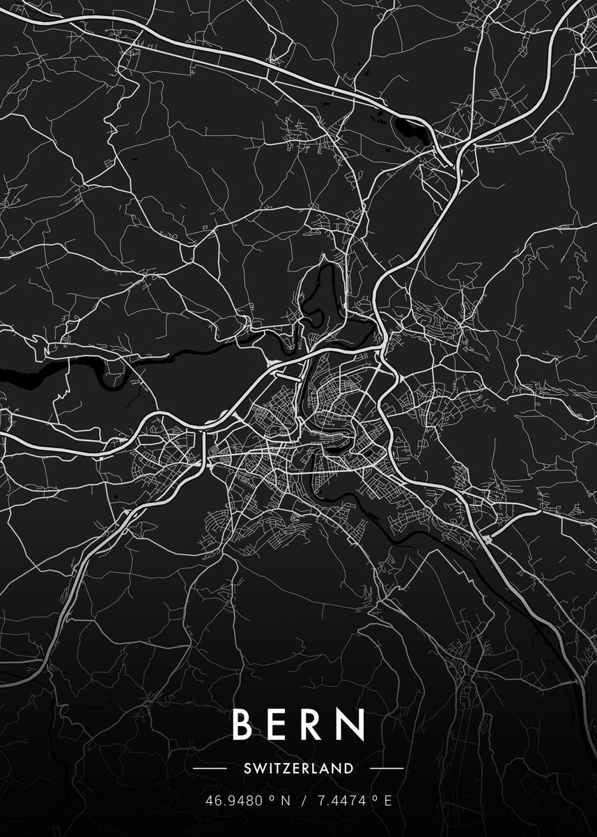 'Bern City Map Dark' Poster, picture, metal print, paint by MVDZ ...