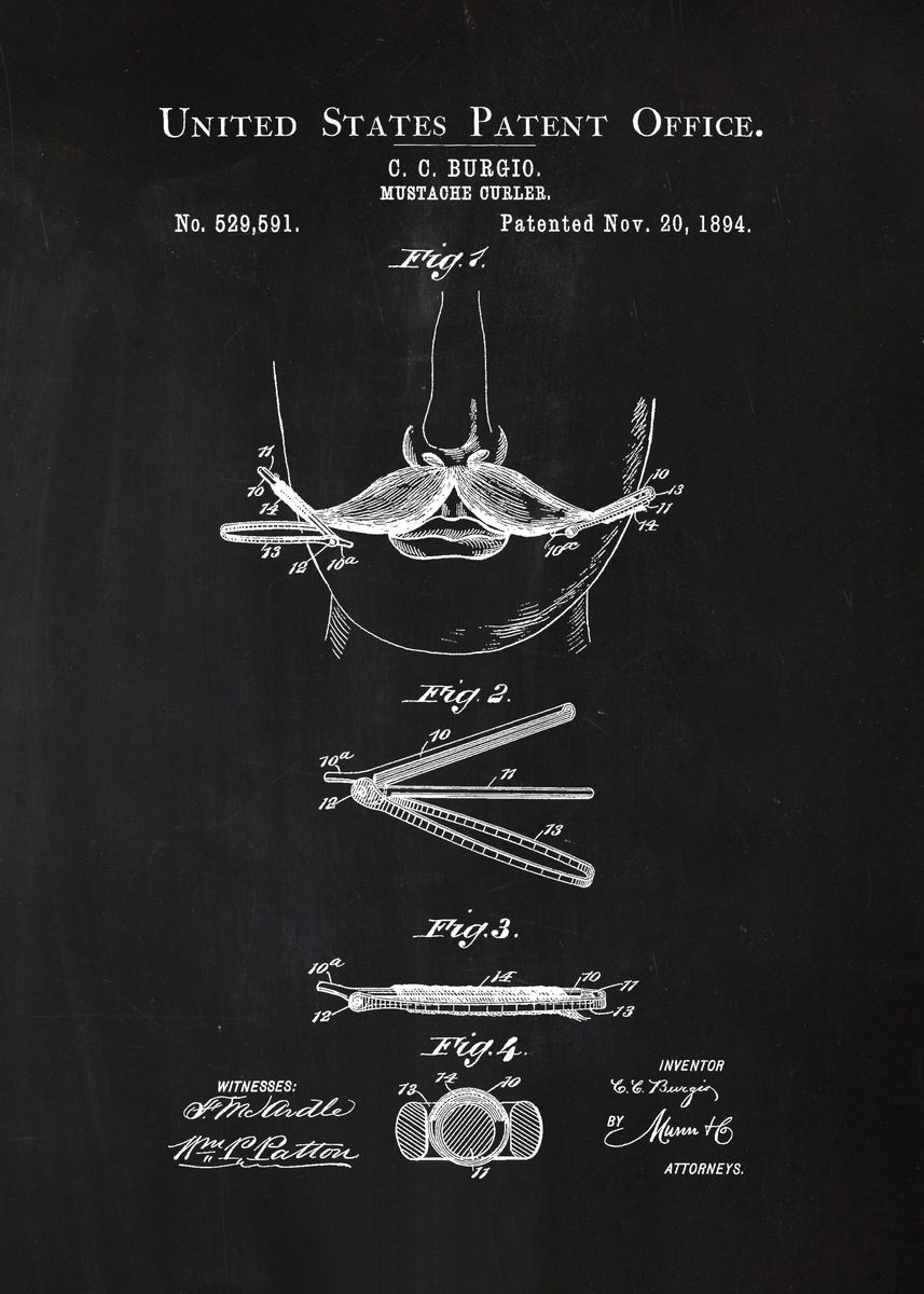 '78 Mustache Curler Patent' Poster, picture, metal print, paint by ...